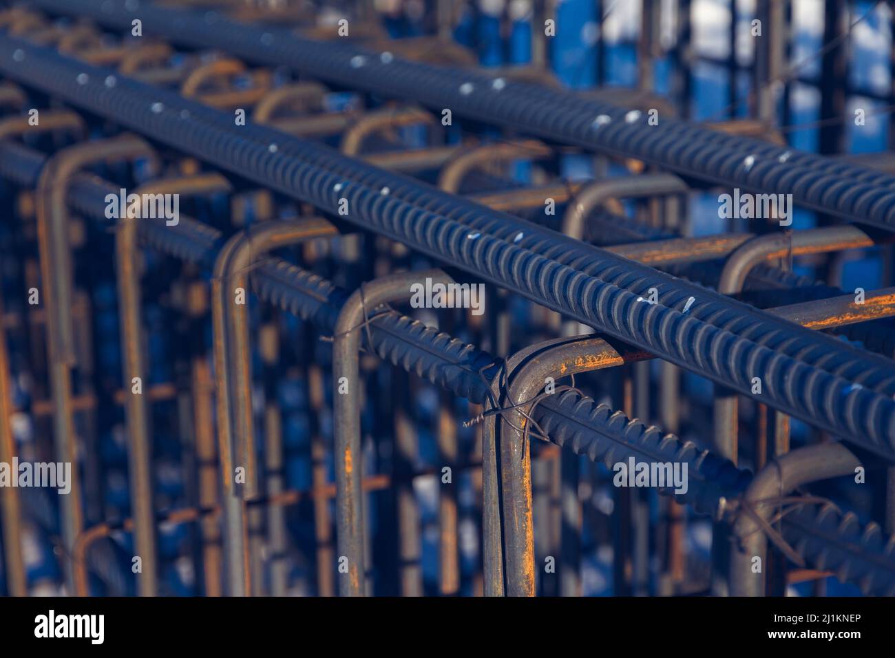 The rebar is bonded with steel wire. Close up of iron rods used for ...