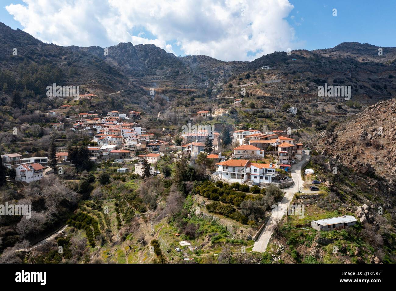 Aerial view of Odou traditional mountain village, Larnaca district ...