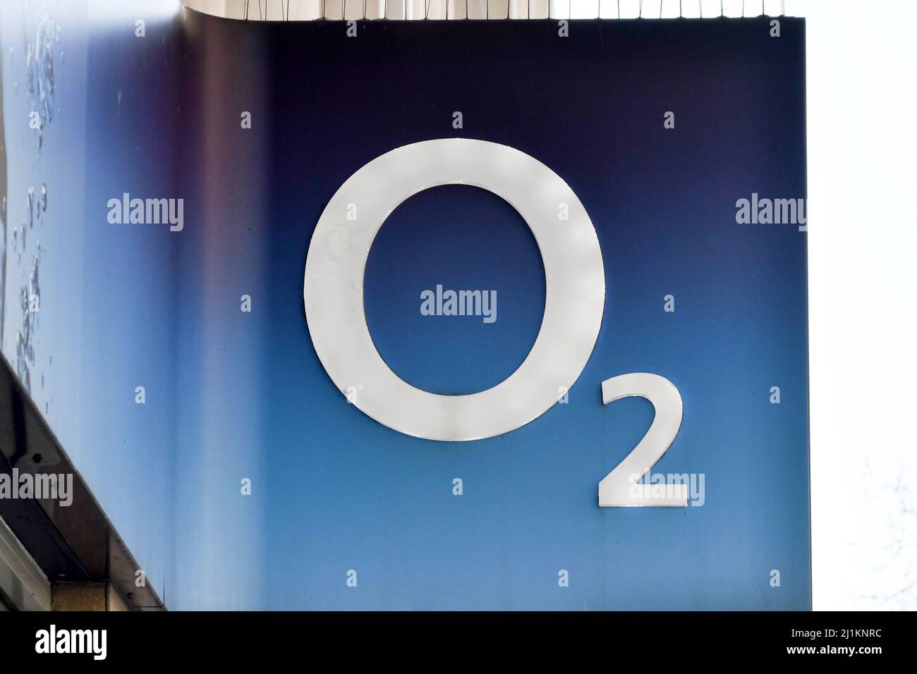 Cardiff, Wales - March 2022: Sign above the entrance to a branch of O2 ...