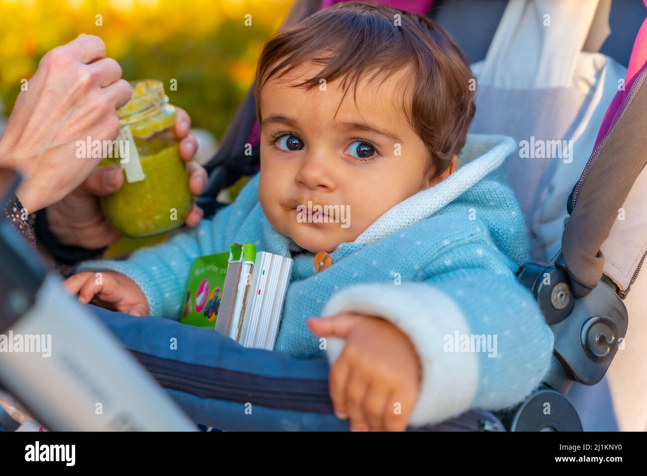 A photo of a baby eating the puree of vegetables a spring day in a park ...