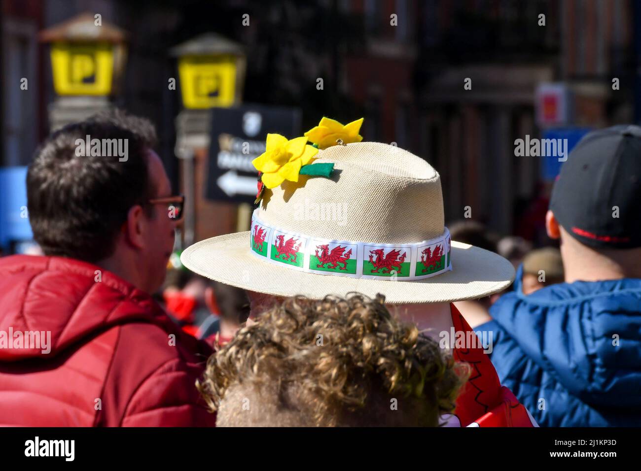 Cardiff, Wales - March 2022: Rugby fan wearing a sun hat with Welsh ...