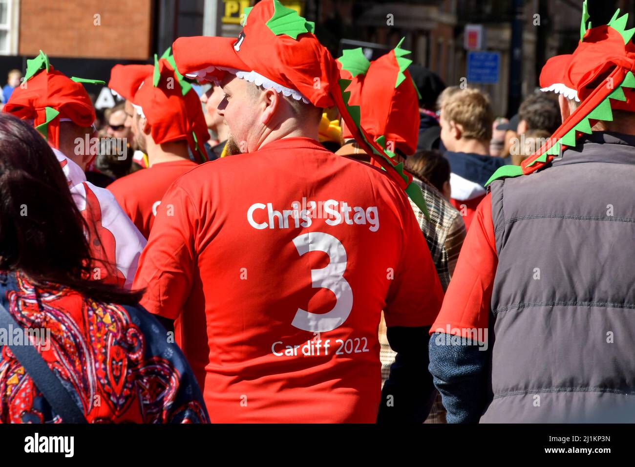 Cardiff, Wales - March 2022: Group of mean wearing dragon shaped hats ...