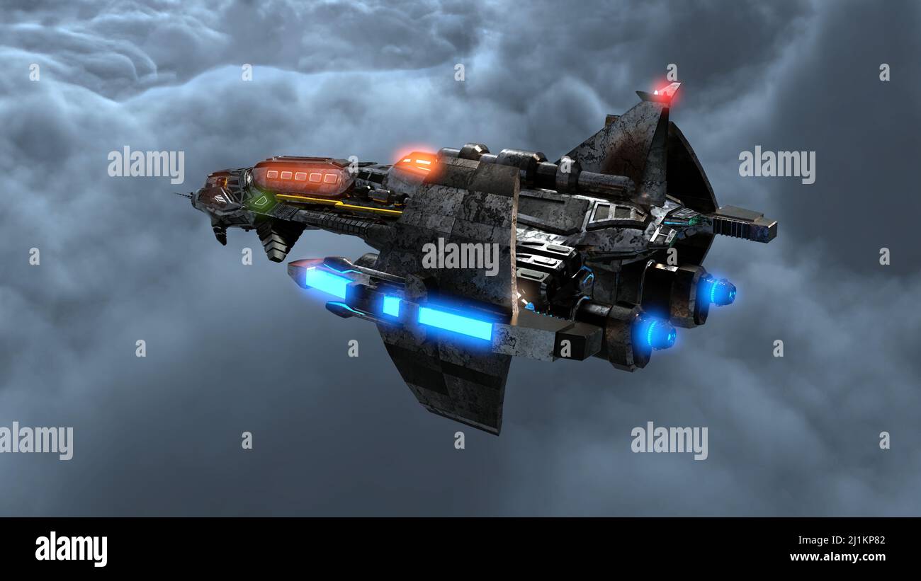 Sci-fi aircraft flight through dramatic sky Stock Photo - Alamy