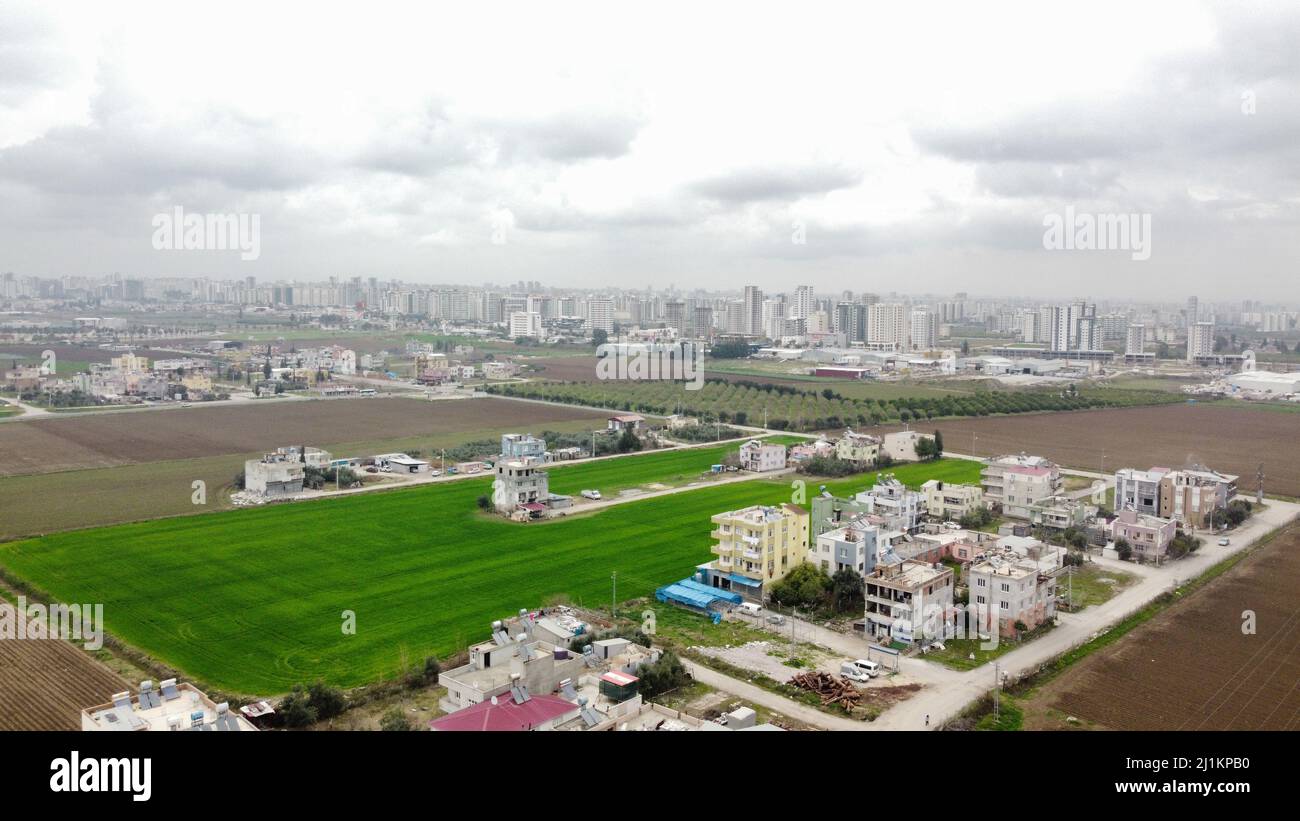 An aerial view of a field and buildings Stock Photo - Alamy