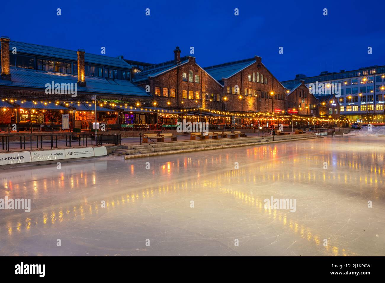 TRONDHEIM, NORWAY - MARCH 09, 2022: Evening view of outdoor ice skating ...