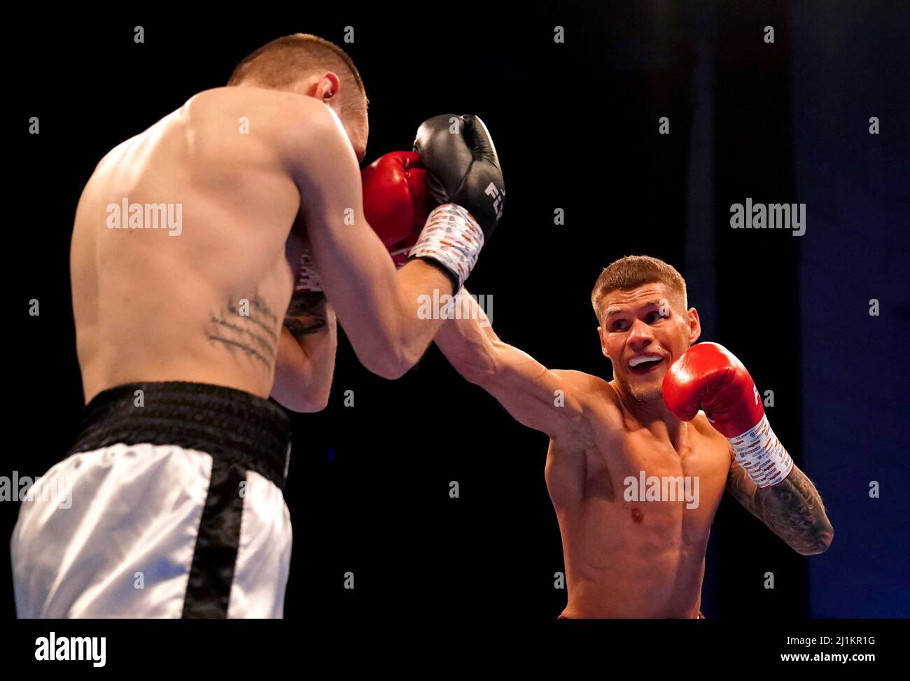 Cory O'Regan (right) in action against Jakub Laskowski during their ...