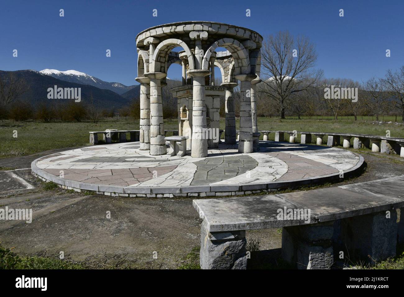 Landscape with scenic view of a memorial shrine dedicated to Poseidon ...