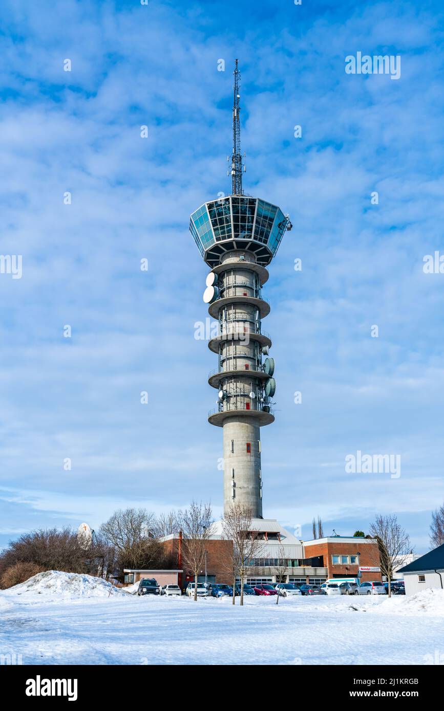 TRONDHEIM, NORWAY - MARCH 10, 2022: Tyholt tower is a 126 metre tall ...