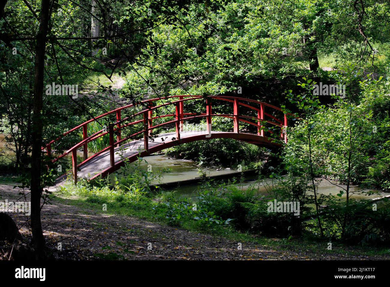 Red bridge over water in woodland Stock Photo - Alamy