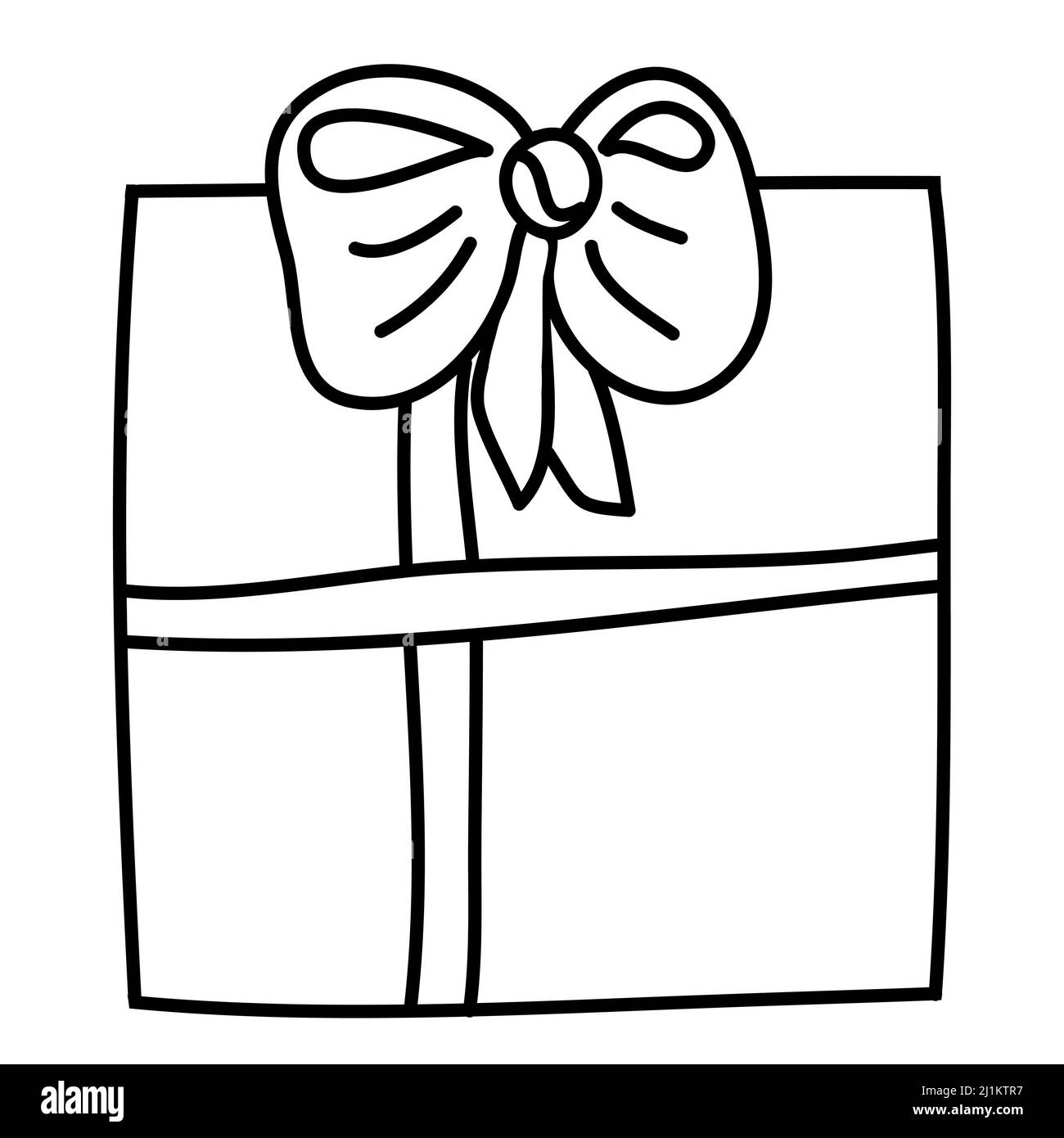 Square gift box with ribbon and beautiful bow doodle style, hand drawn ...