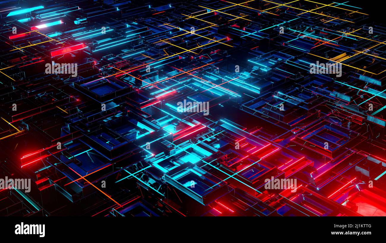 3d steel cubes, Abstract flying, fluorescent light, glowing neon cubes ...