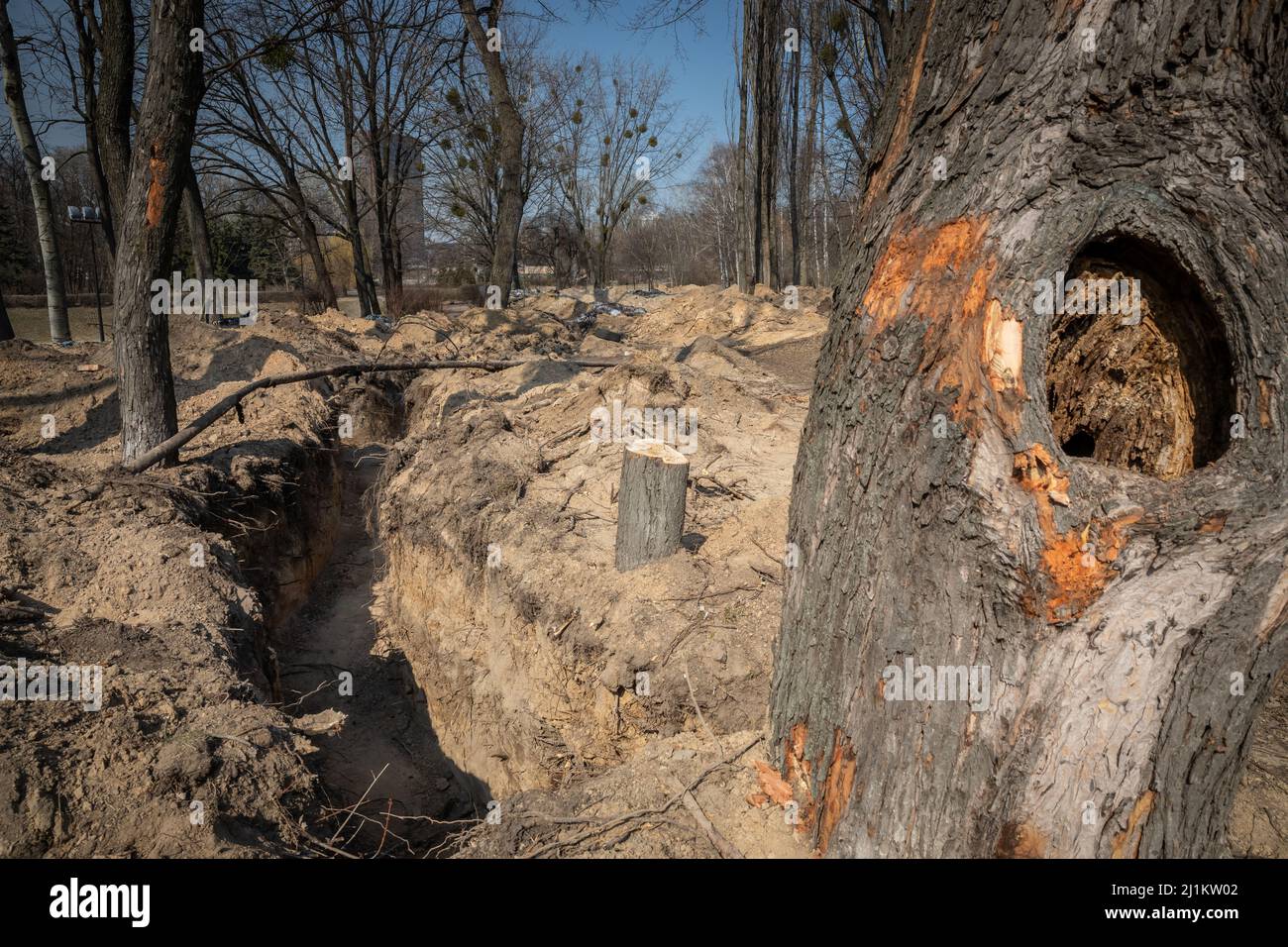 Trenches in the park where a missile attack by the Russian Federation ...