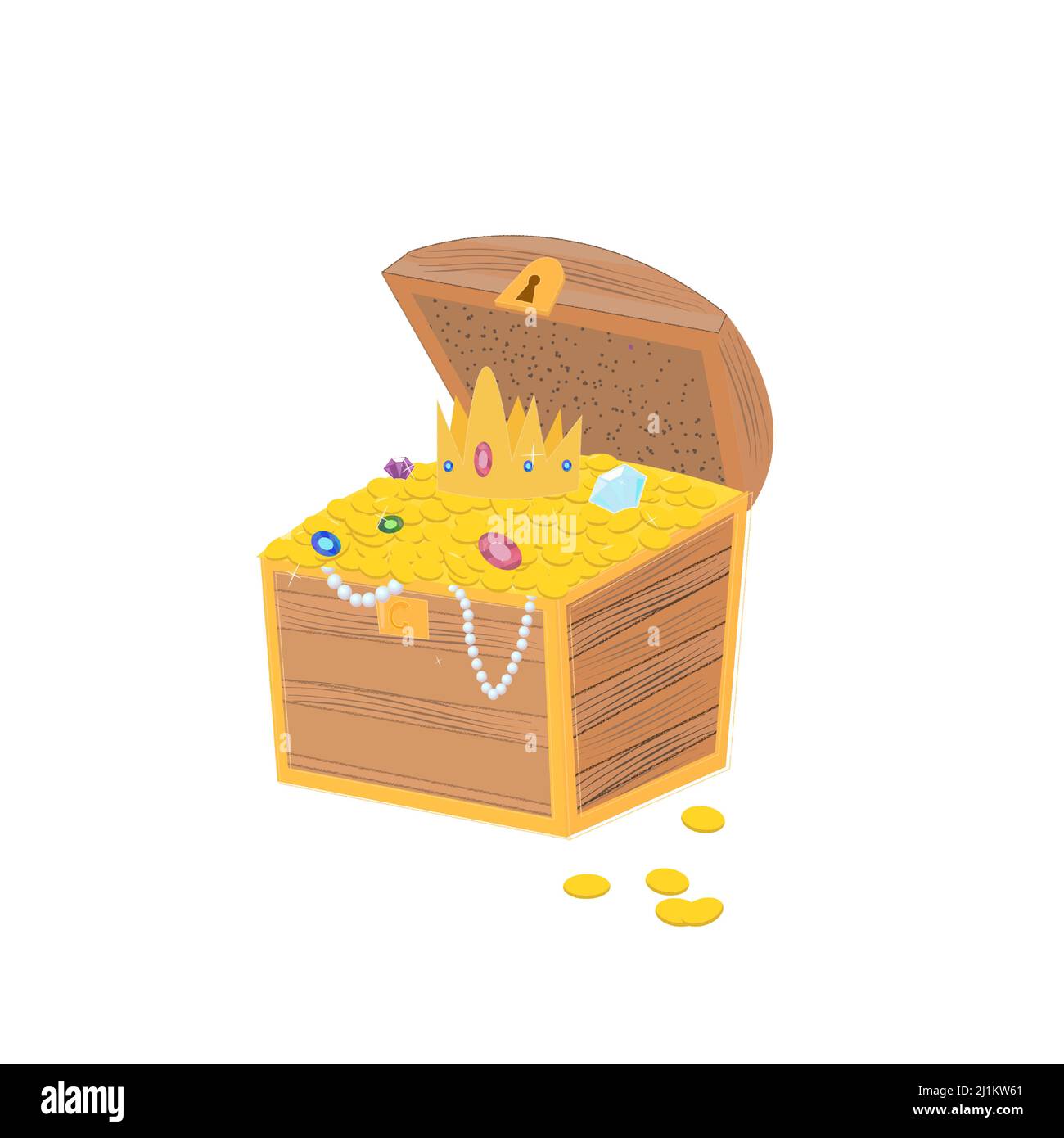 Chest with golden coins, gems, pearls and treasures. Vector ...