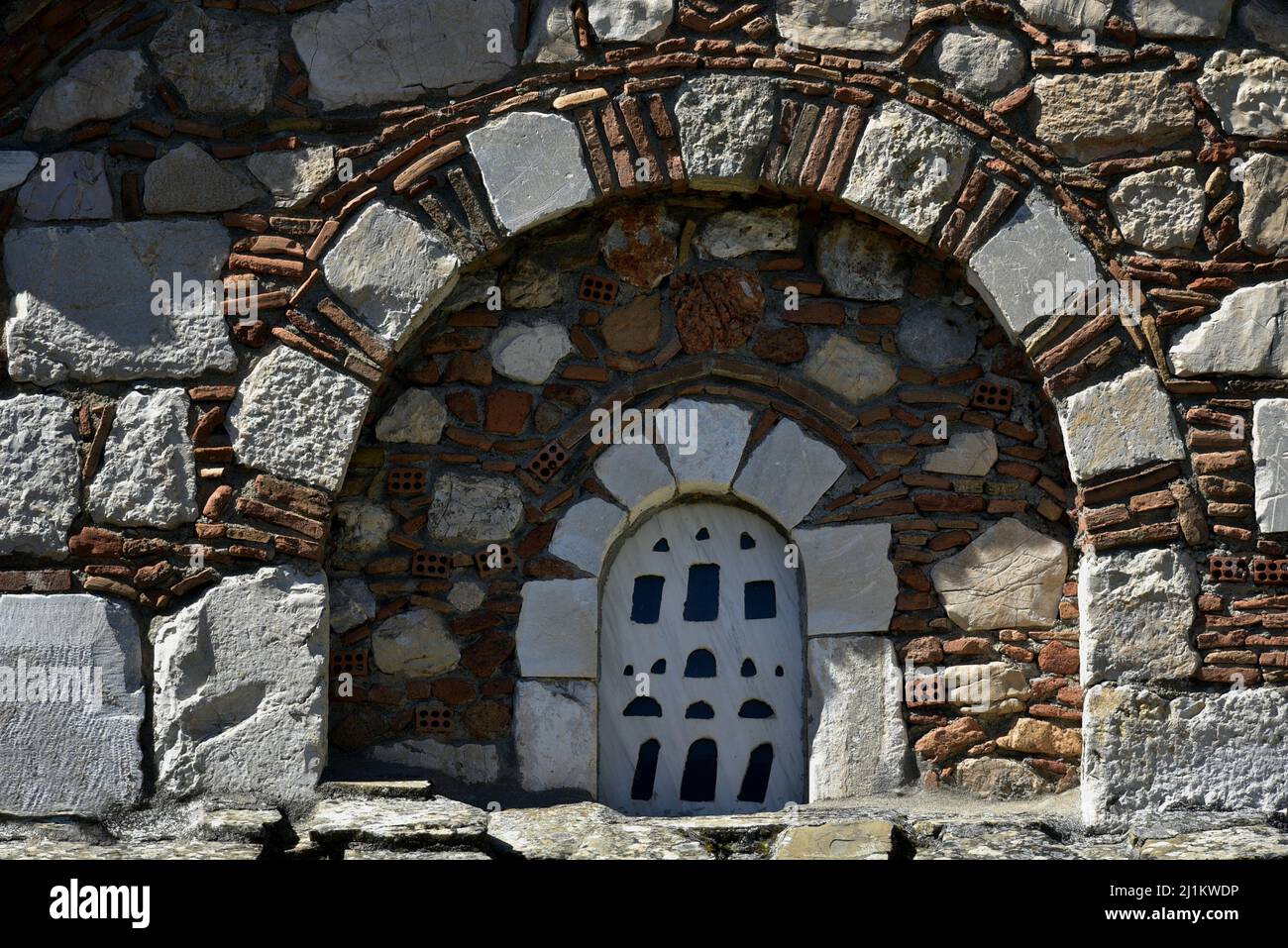 Scenic exterior wall view of Aghia Fotini a peculiar Christian church ...