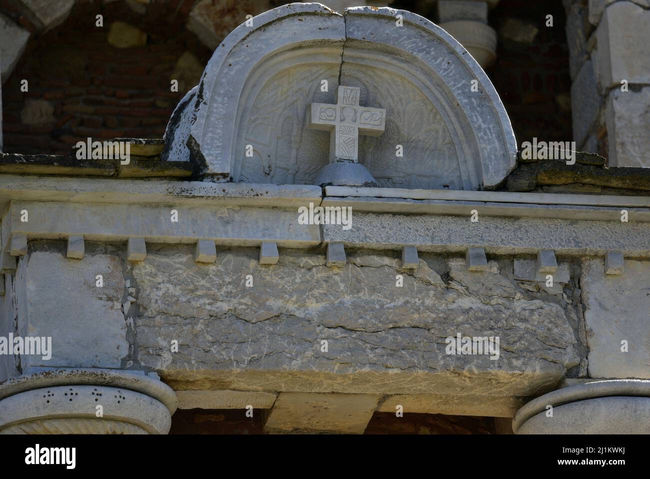 Marble facade with a cross of Aghia Fotini a peculiar Christian church ...