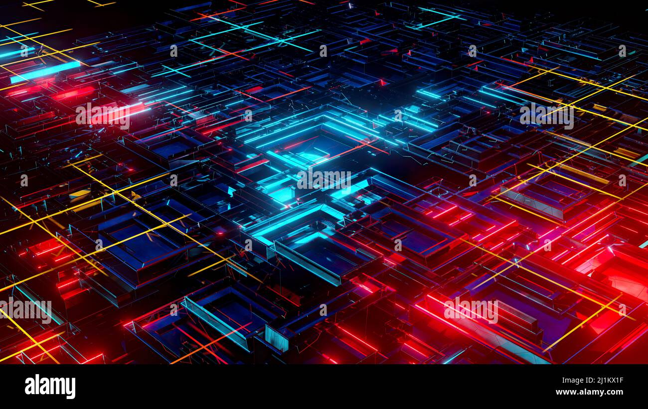 3d steel cubes, Abstract flying, fluorescent light, glowing neon cubes ...