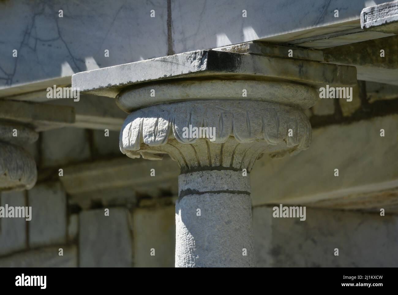 Ionic order limestone column detail of the Temple of Poseidon at the ...