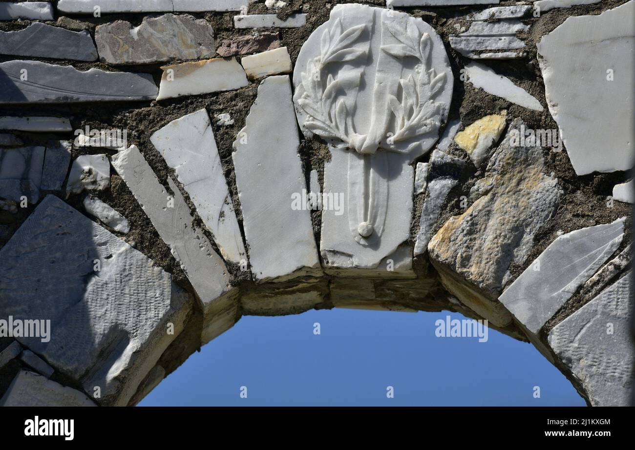 Marble arched pediment of the Temple of Poseidon at the archaeological ...