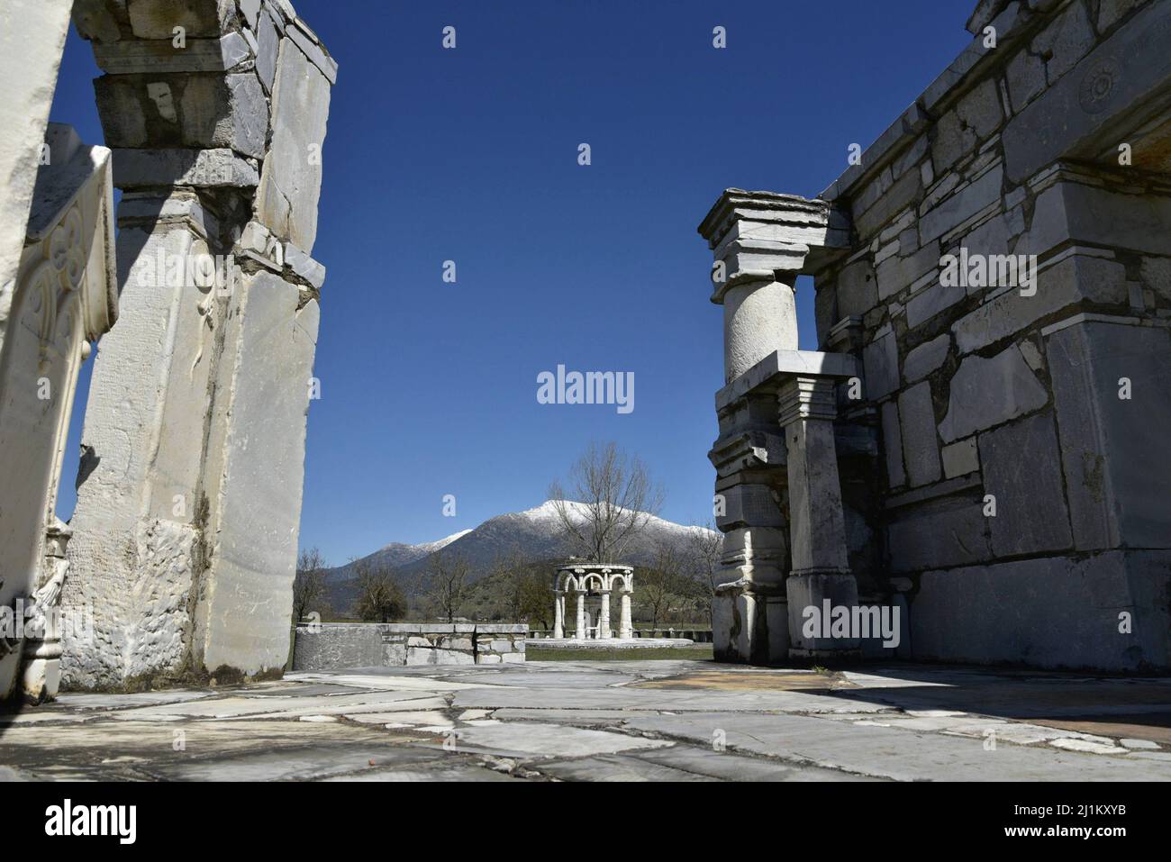 Landscape with scenic exterior view of the Temple of Poseidon at the ...