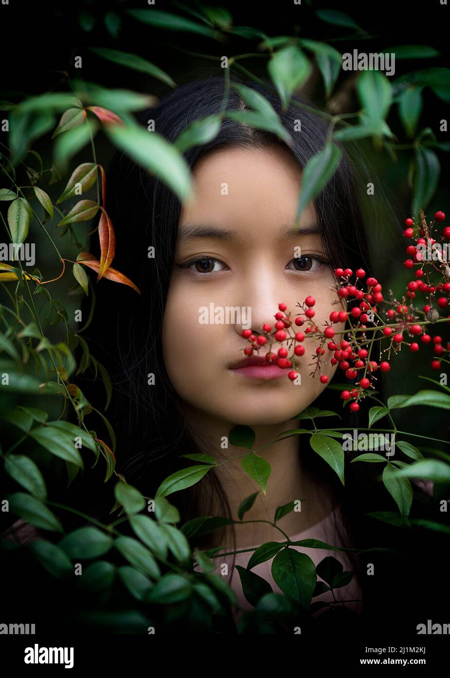 Chinese girl among red berries IV Stock Photo - Alamy
