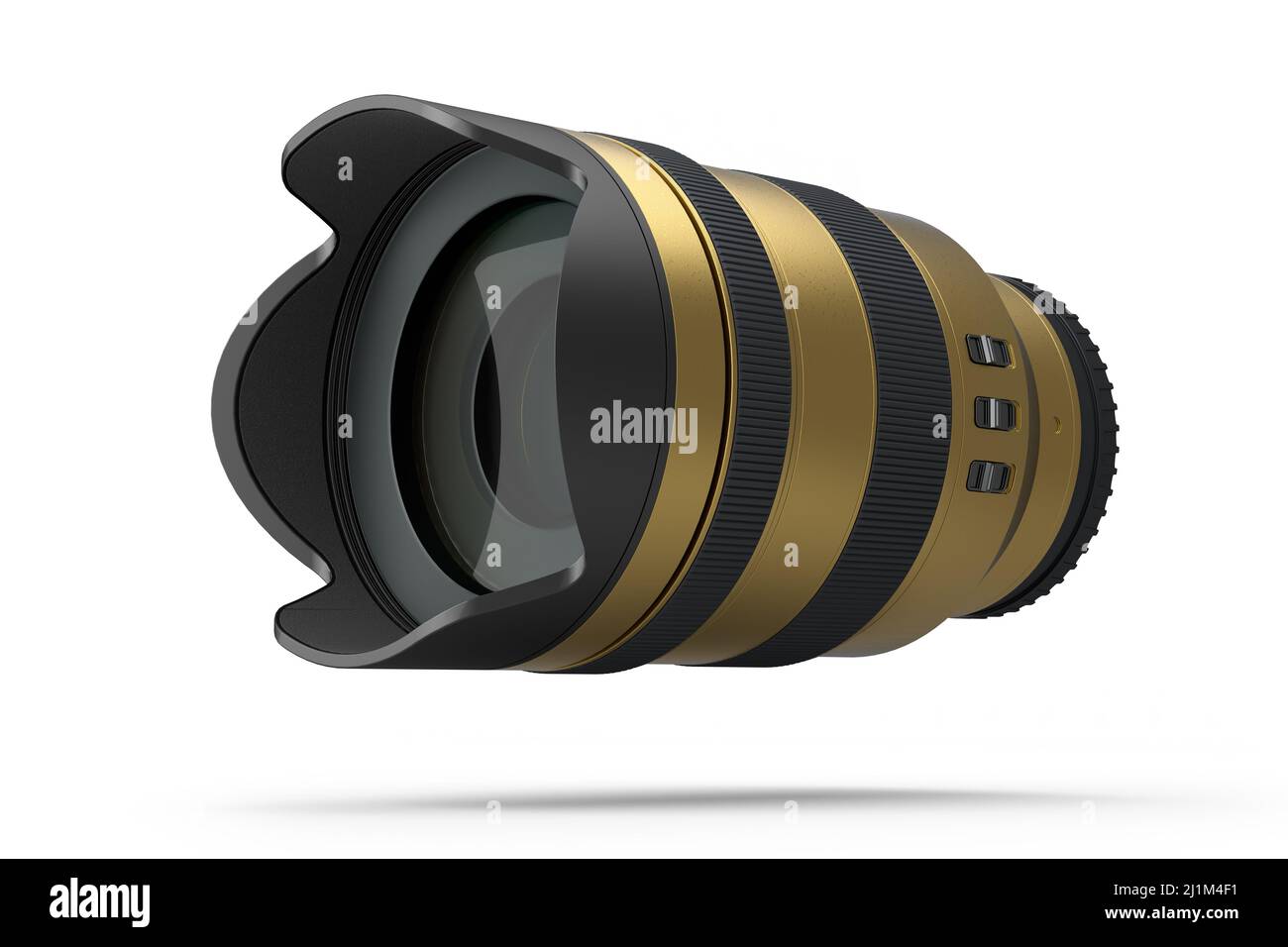 Modern nonexistent gold DSLR macro camera lens on white background. 3D ...