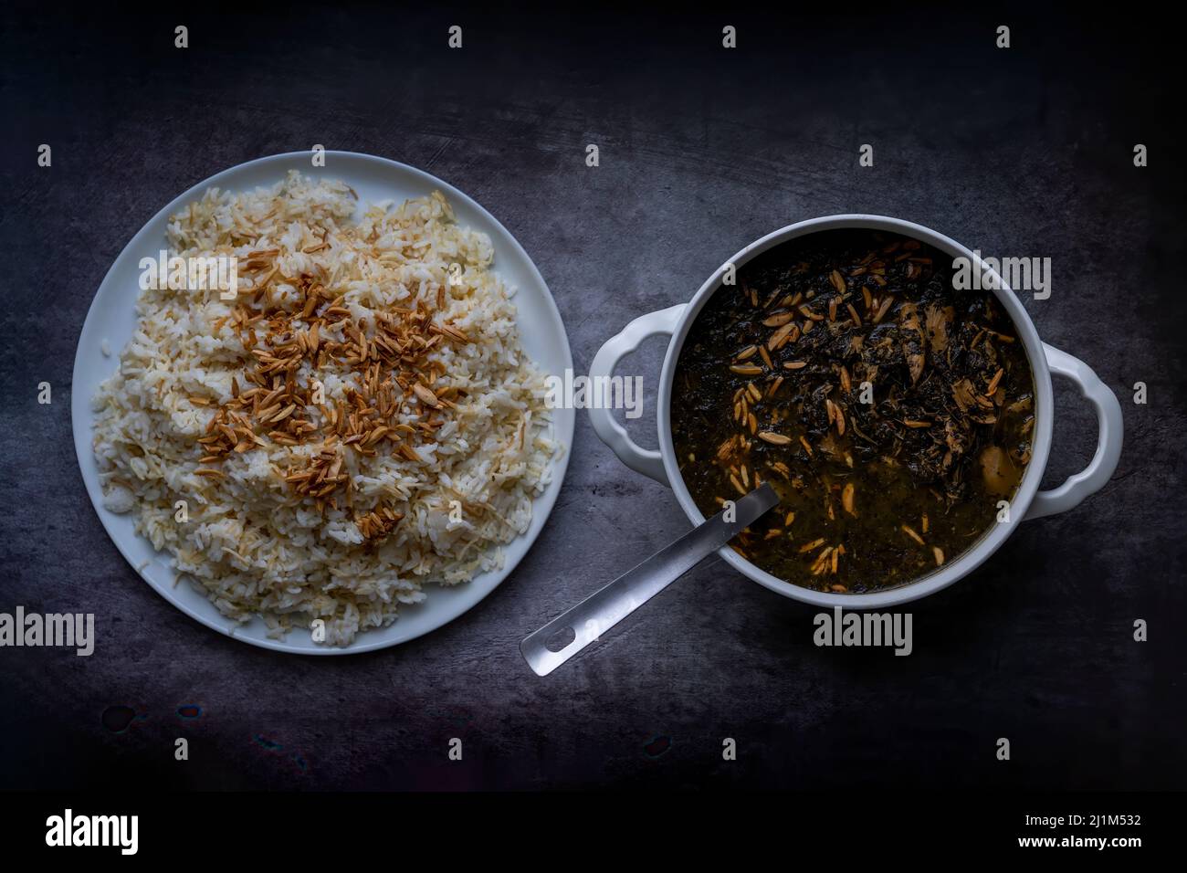 Spinach or Sabanekh with chicken a Mediterranean dish served with rice ...