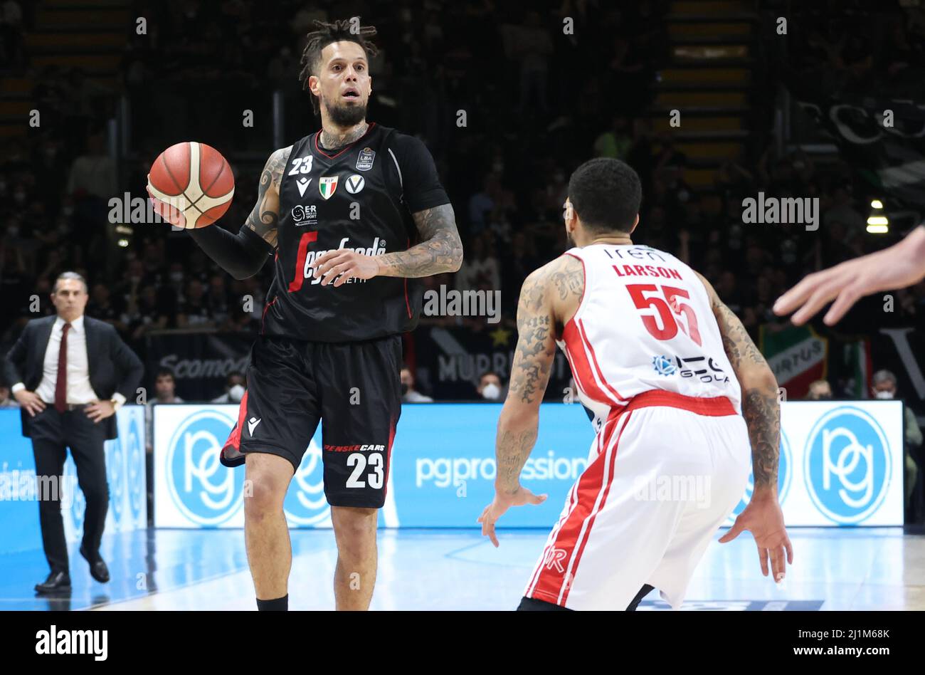 Daniel Hackett (Segafredo Virtus Bologna) thwarted by Tyler Larson ...