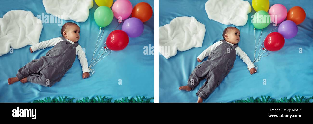 Going on an aerial adventure. Composite concept shot of an adorable ...