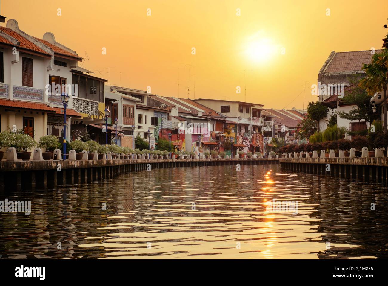 Melaka, Malaysia - March 22, 2016: Panorama of colorful buildings near ...