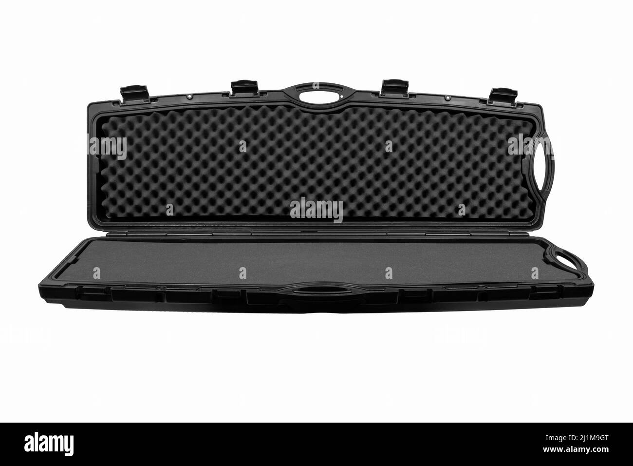 Black plastic case with foam inside. Weapon case isolate on white ...