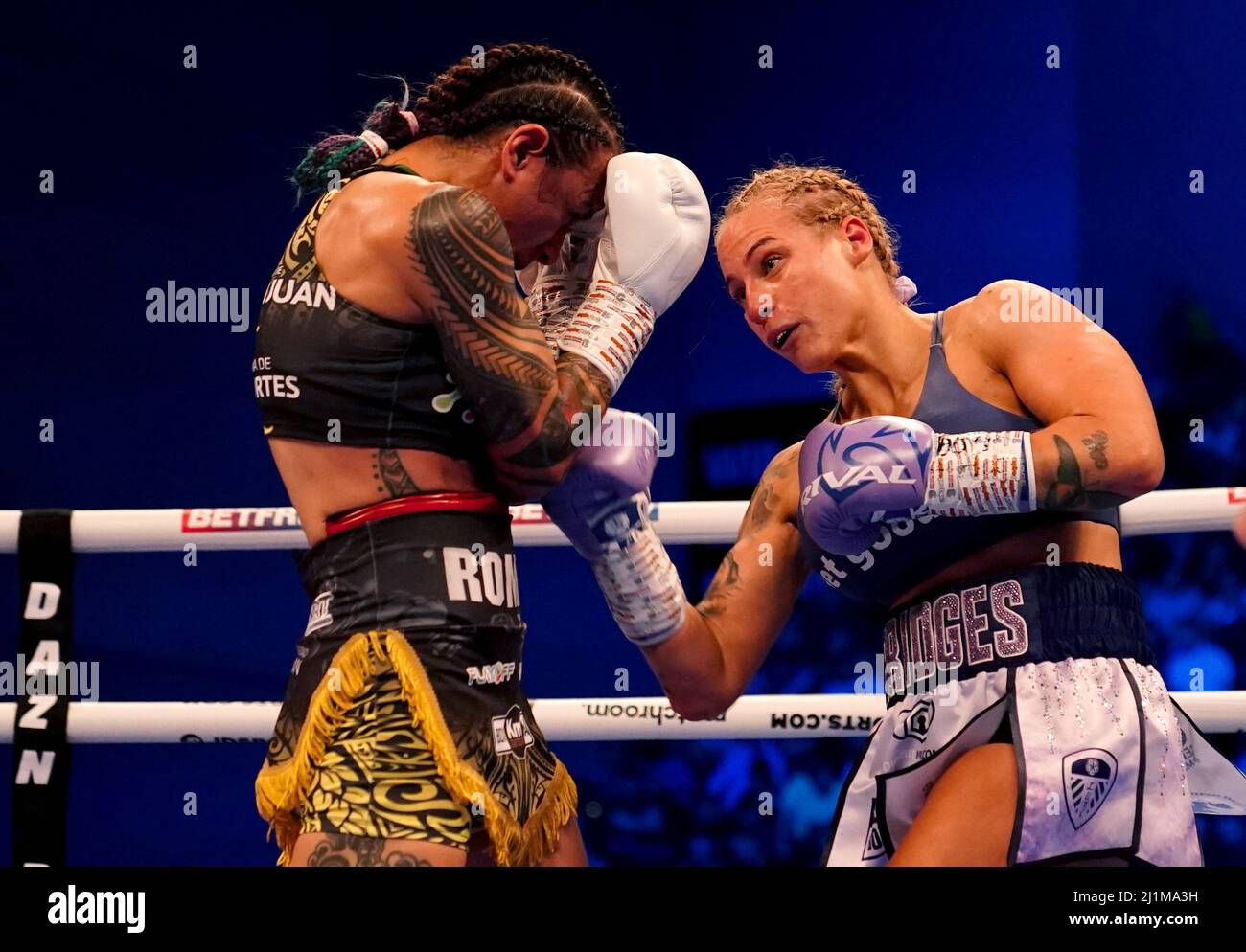 Ebanie Bridges (right) in action against Maria Cecilia Roman during ...