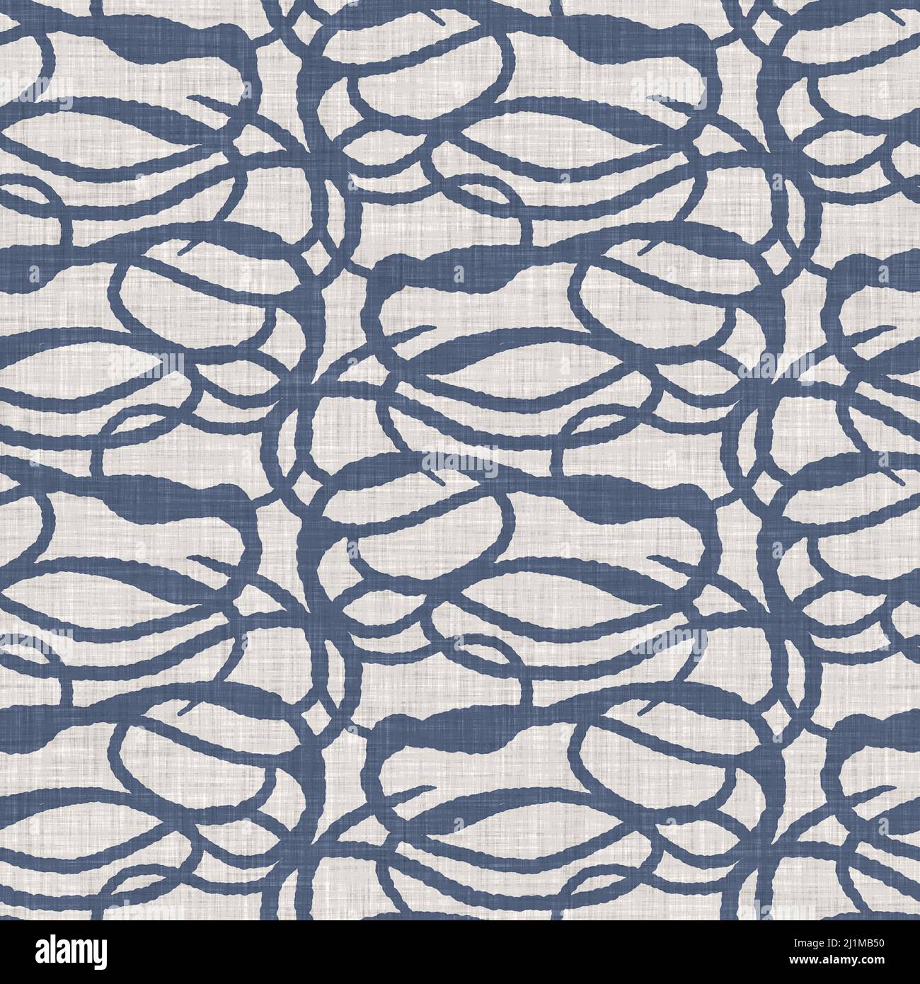 French blue doodle motif linen seamless pattern. Tonal country cottage ...