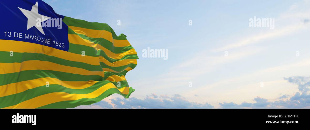 flag of Piaui , Brazil at cloudy sky background on sunset, panoramic ...