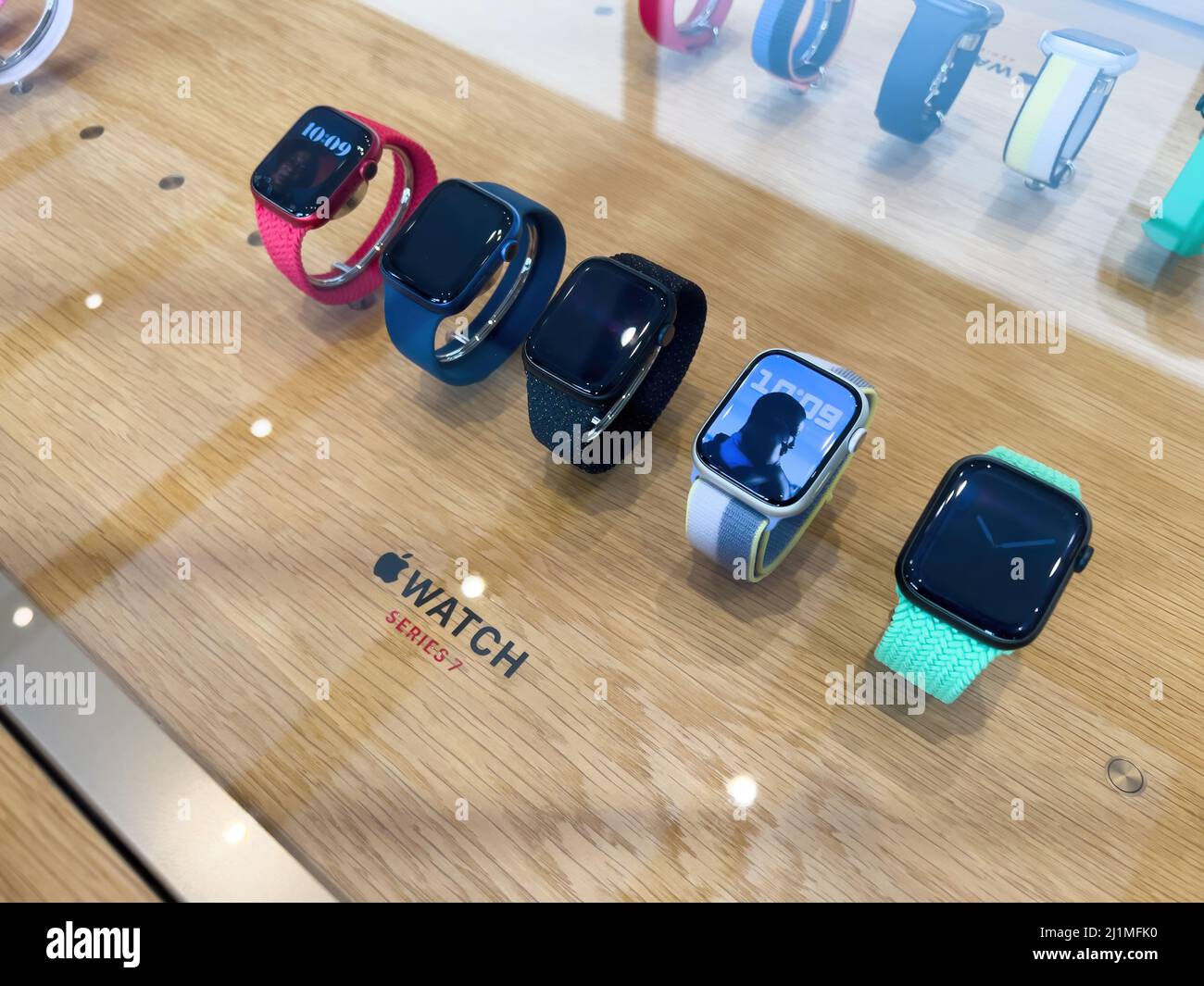 Paris, France - Mar 18, 2022: Row of multiple colorful Apple Computers ...