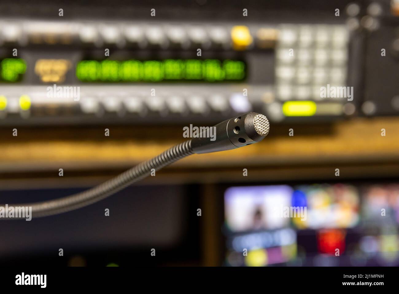 Microphone of intercom system in broadcast production control room ...