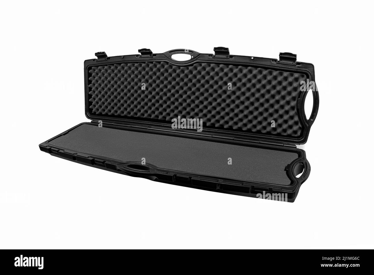Black plastic case with foam inside. Weapon case isolate on white ...