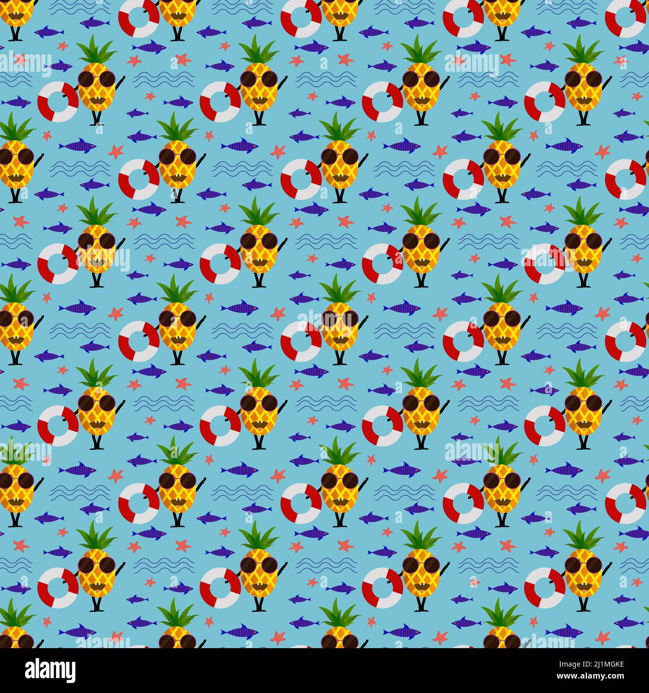 Pattern with cartoon pineapple, sea and fish. Summer illustration Stock ...