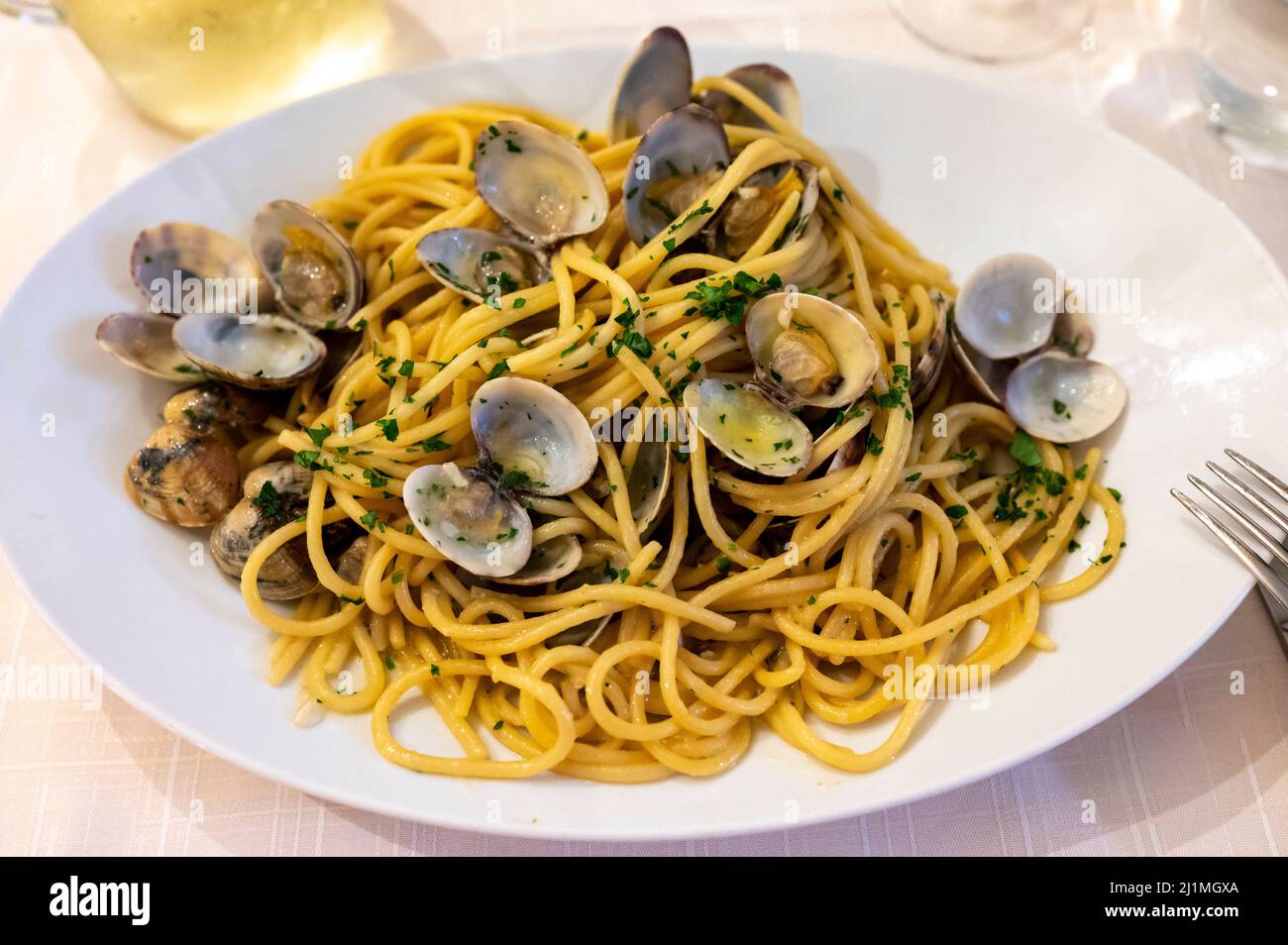Italian sea food dinner first course pasta with clams alle vongole ...