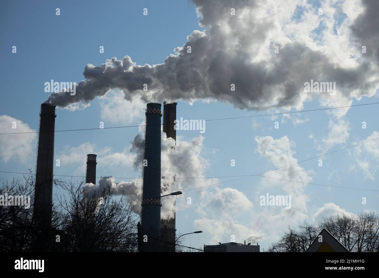 Bucharest, Romania - March 10, 2022: The chimneys of the CET Sud power ...