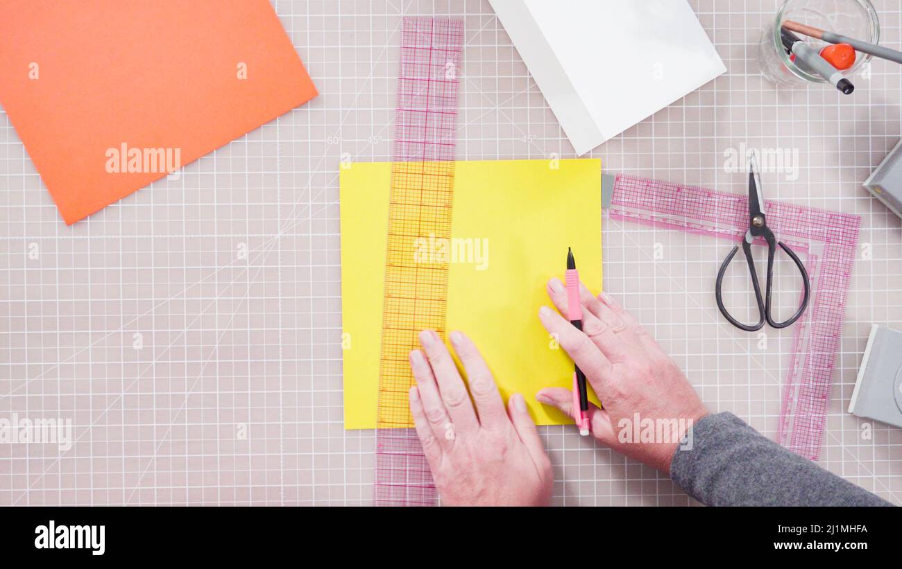 Flat lay. Little girl making a handmade Father's Day card from ...