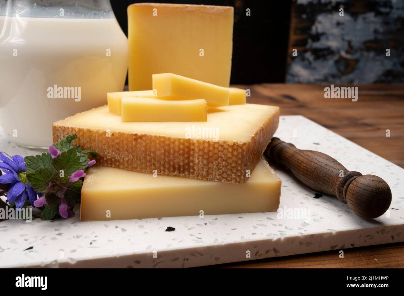 Swiss cheese collection, gruyere cheese made from unpasteurized cow's ...