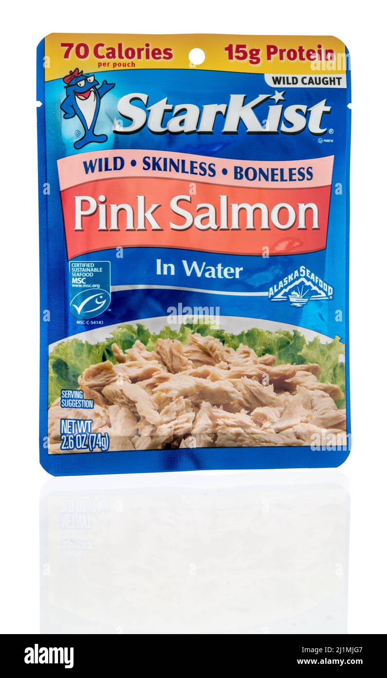 Winneconne, WI -20 March 2021: A package of Starkist pink salmon on an ...