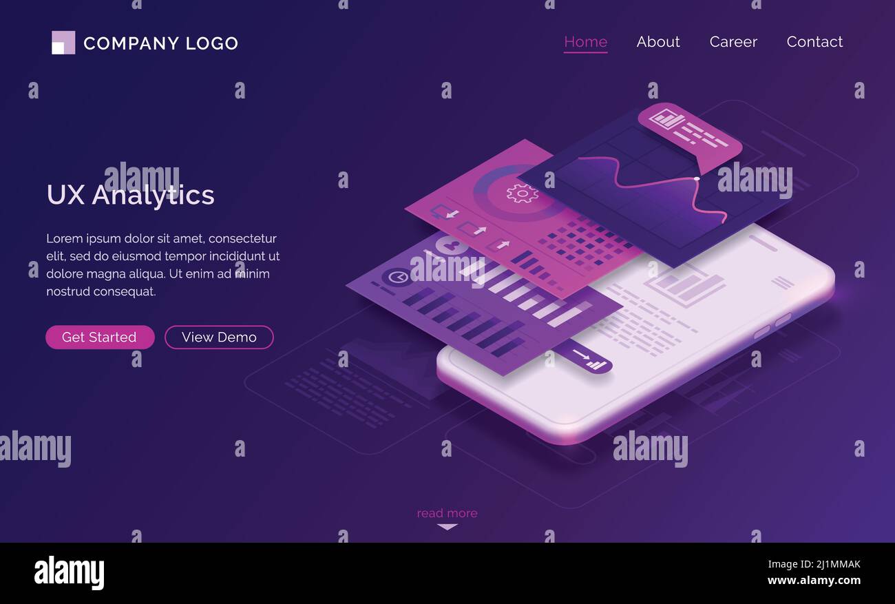 Ui ux analytics isometric landing page, mobile phone dashboard graphs and data analysis layout ...