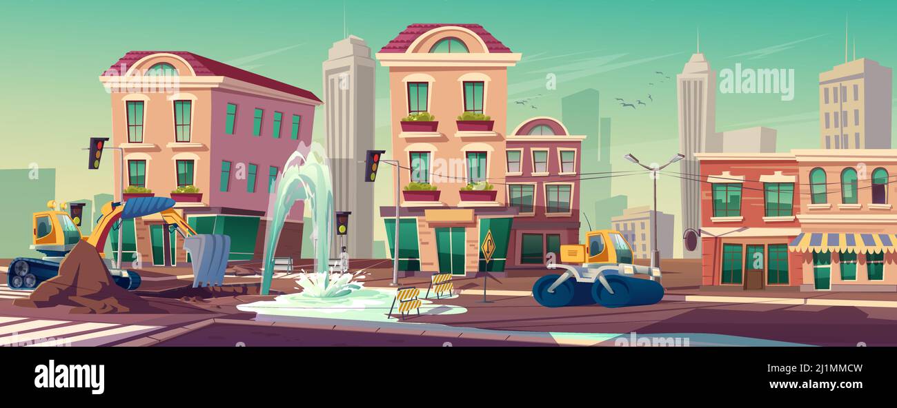 Road under construction with water fountain flow from hole in asphalt ...