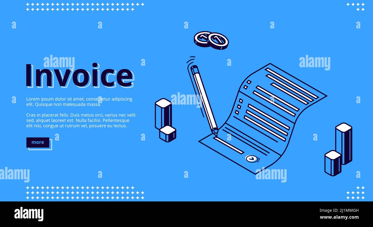 Invoice isometric landing page. Pen signing paper bill for tax or ...
