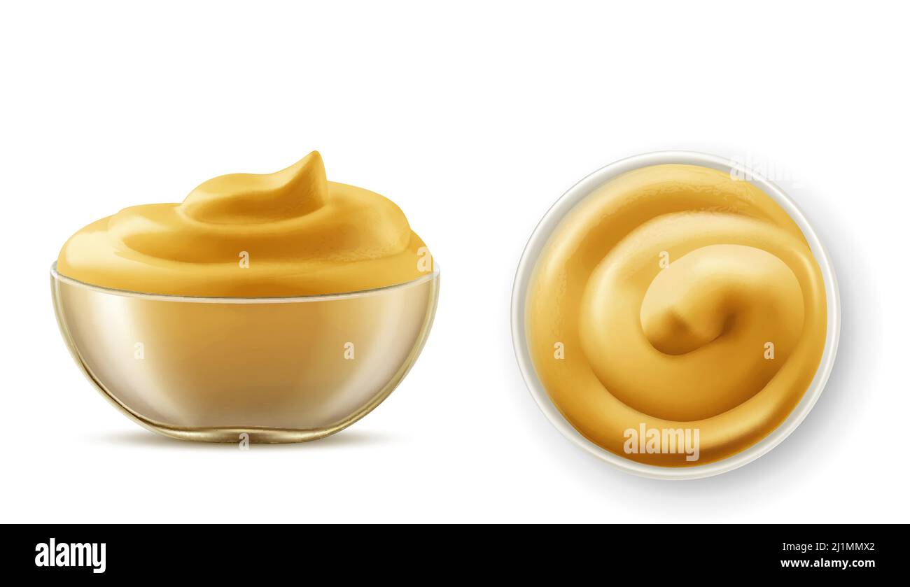 Mustard sauce in bowl top view and side view set. Glass cup with fresh ...