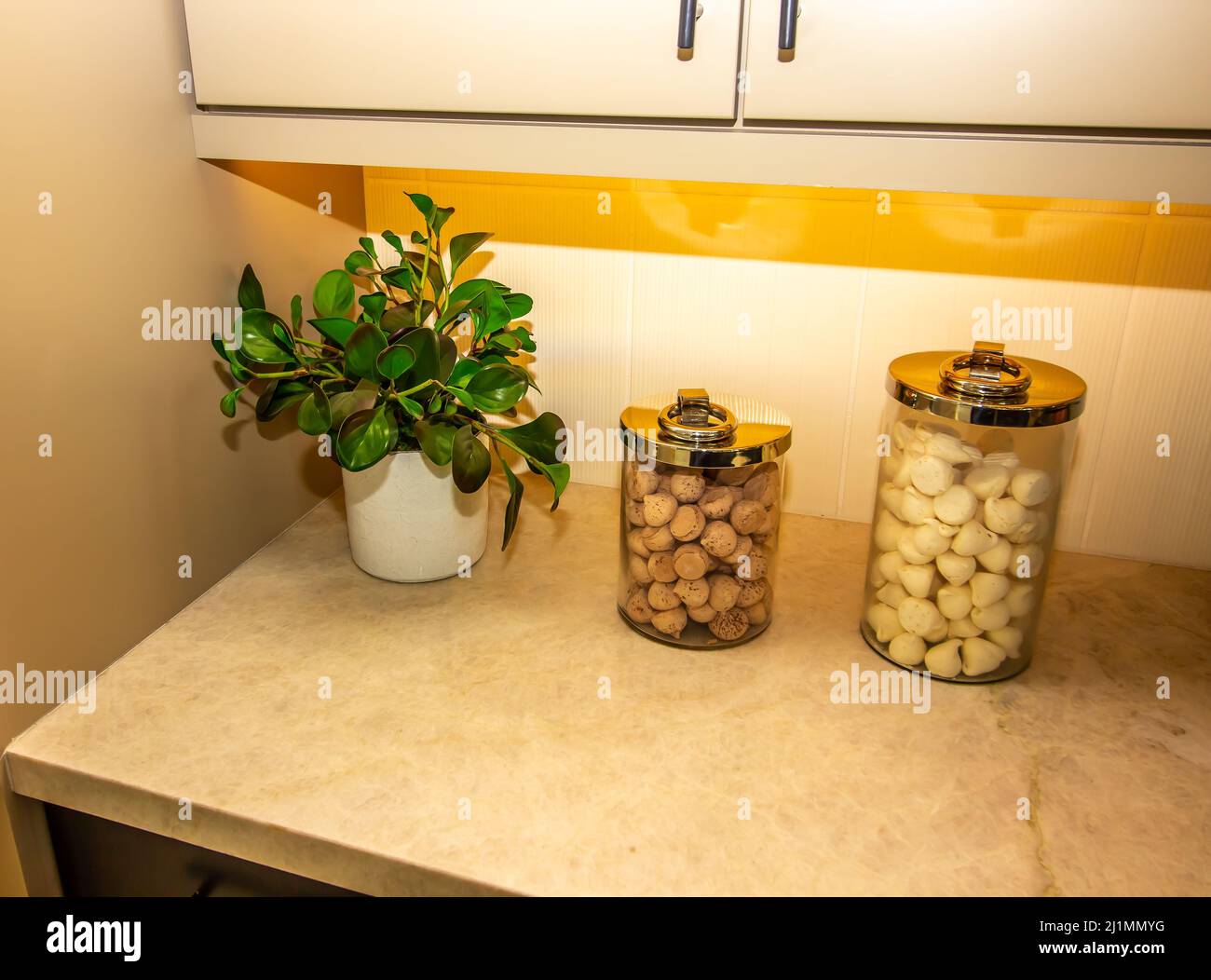 Kitchen Counter Top With Plant And Two Glass Containers Stock Photo - Alamy