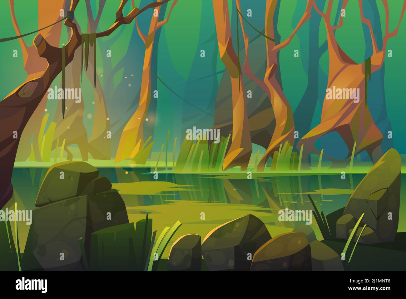 Swamp in tropical forest, fairy landscape with marsh, trees trunks, bog ...