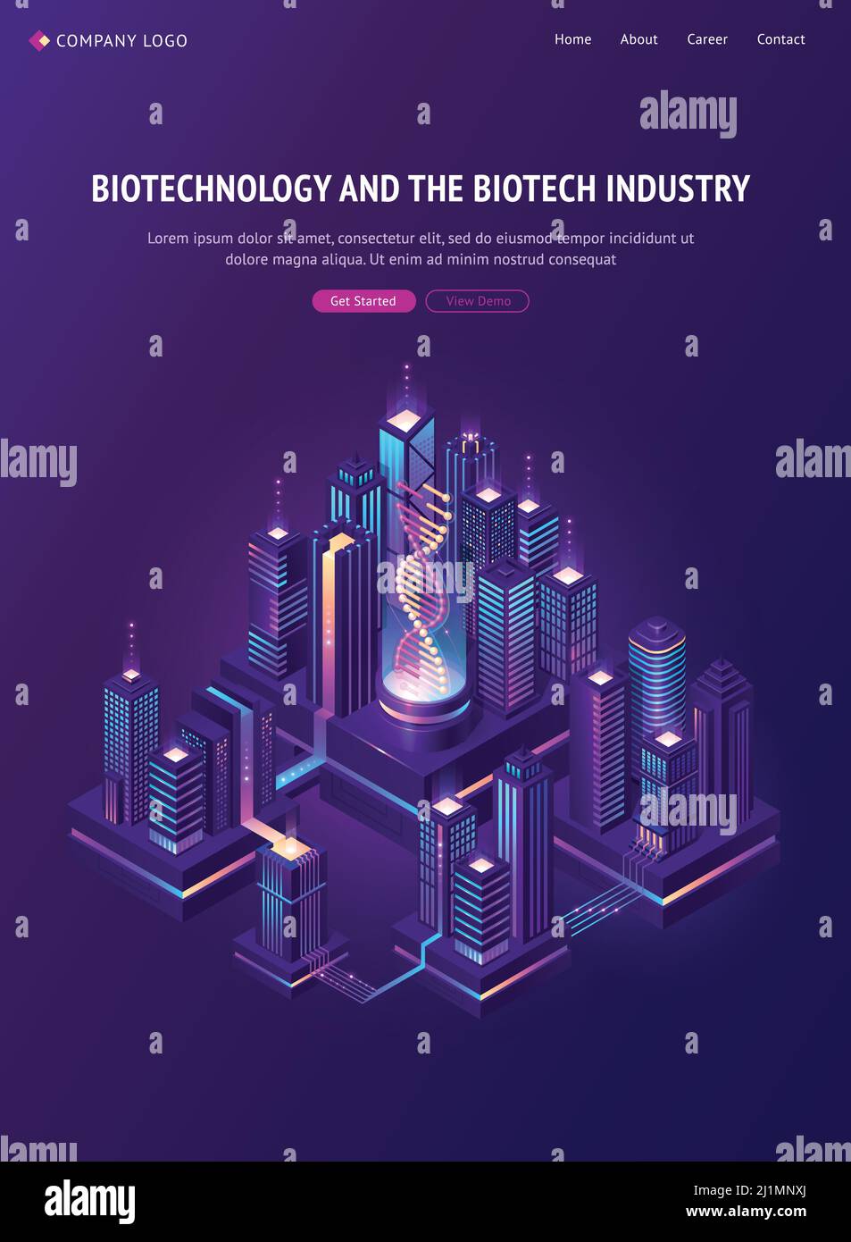 Biotechnology and biotech industry isometric landing page. Smart city ...