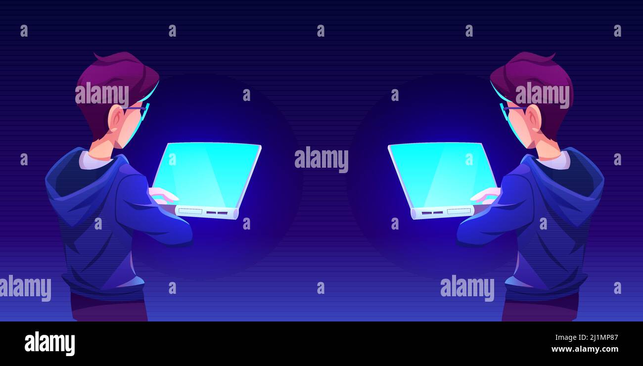 Teenage boy using computer app. Man hold in hand laptop with shiny blue ...